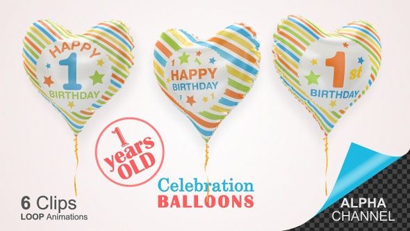 1st Birthday Celebration Helium Balloons / One Year Old, Motion Graphics