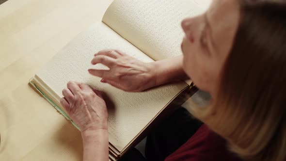 Blind Woman Reading Braille Book Top View Poorly Seeing Female Person ...