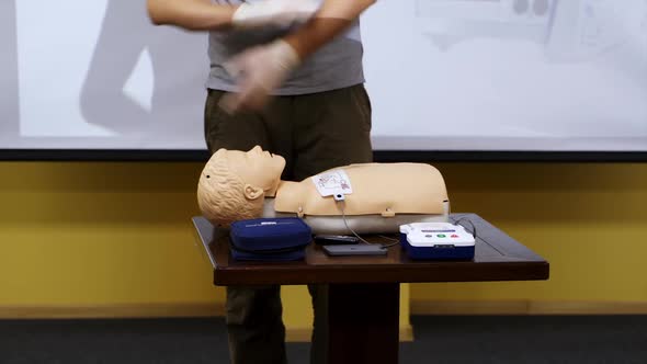 Emergency first aid CPR procedure. Demonstrating chest compressions on ...