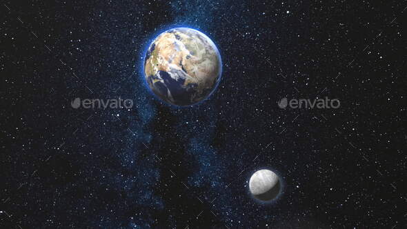 Earth and Moon rotating and spinning in open space Stock Photo by goinyk