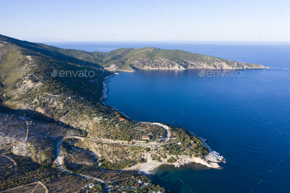 Beach, beautiful waves, blue water at sunrise. Top view from drone ...