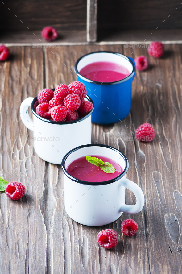 Russian kissel with raspberry and mint Stock Photo by OxanaDenezhkina