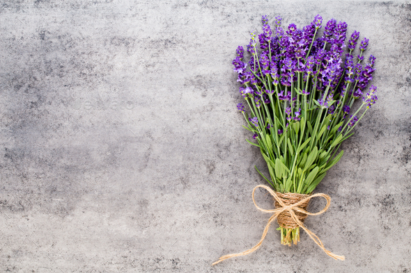 Lavender flowers, bouquet on rustic background, overhead. Stock Photo ...