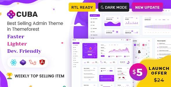 Cuba- Bootstrap HTML, React, Angular 10 & Laravel Admin Dashboard Template by PixelStrap