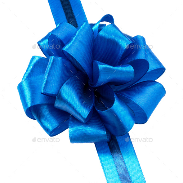Festive blue gift ribbon and bow isolated on white background cutout ...