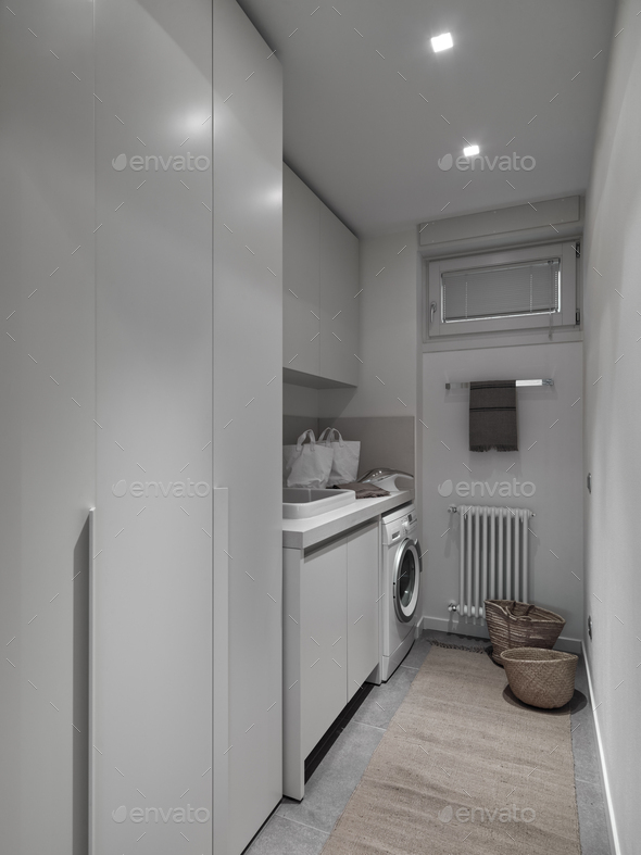 Modern Bathroom Interior with Hidden Washing Machine Stock Photo by ...
