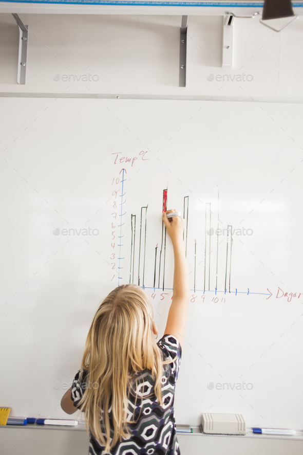Rear view of junior high schoolgirl making bar graph on whiteboard in ...