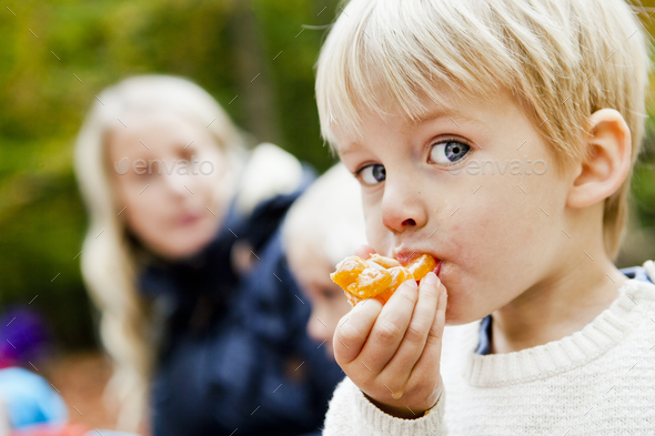 Portrait of cute boy eating orange in forest Stock Photo by astrakanimages
