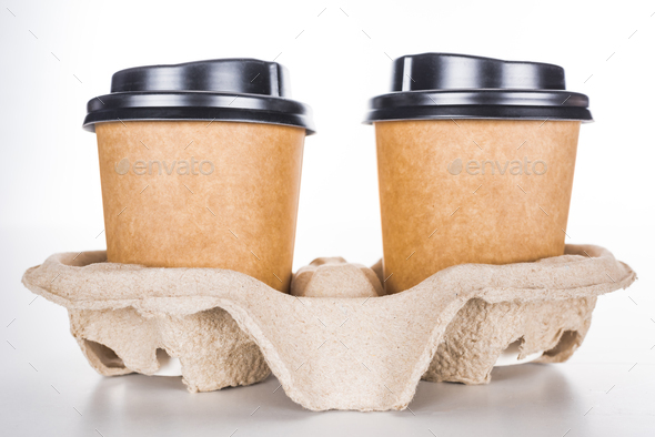 Paper Cups With Coffee in Cardboard Tray on White Background Stock ...