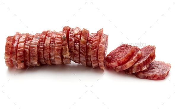 Salami smoked sausage slices isolated on white background cutout Stock Photo by natika