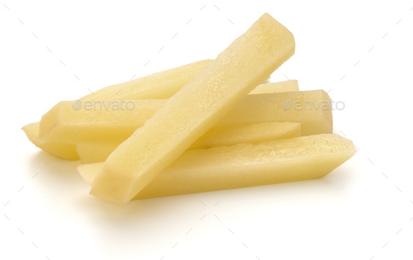 Raw Potato sliced strips prepared for French fries isolated on white ...