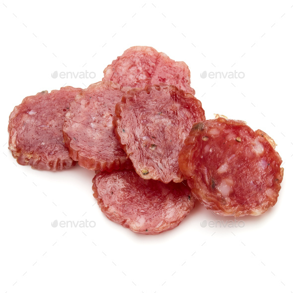 Salami smoked sausage slices isolated on white background cutout Stock Photo by natika