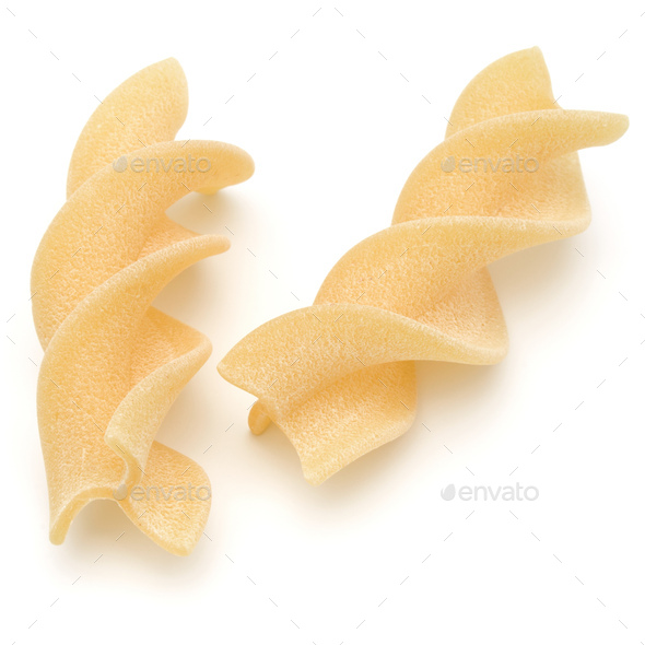 Italian twisted pasta fusilli isolated on white background. Fusilloni ...