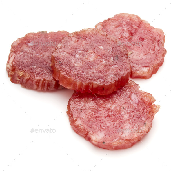 Salami smoked sausage slices isolated on white background cutout Stock Photo by natika