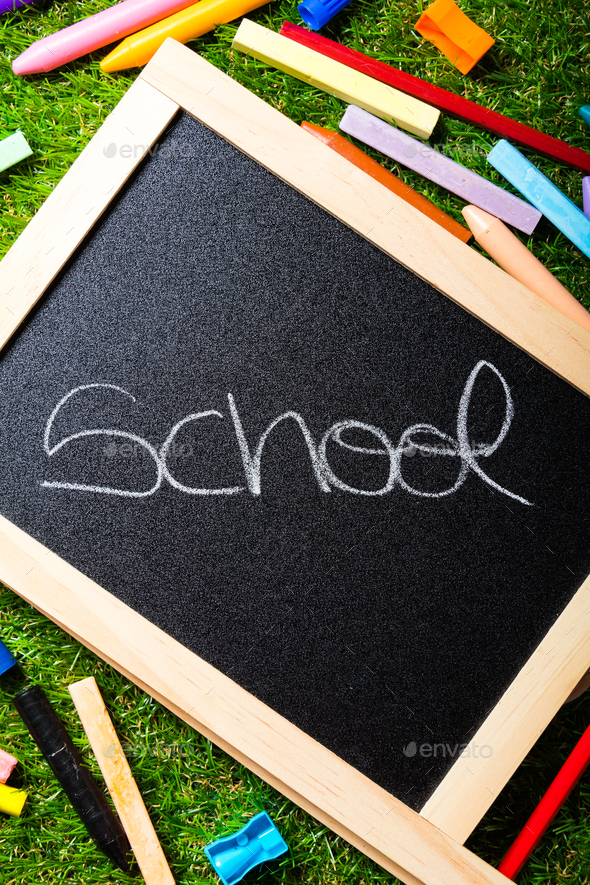 Back to school, blackboard layout and accessories vivid colorful. Copy ...