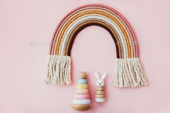 Modern colorful wooden pyramid with rings, wooden bunny and macrame ...
