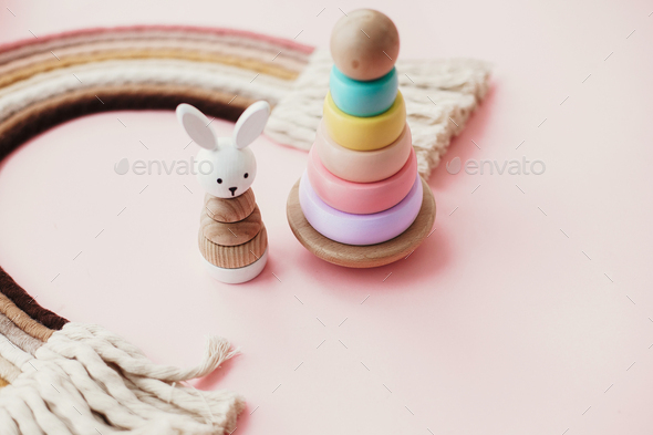 Modern colorful wooden pyramid with rings, wooden bunny and macrame ...