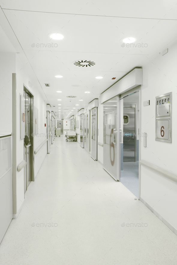 Hospital operating room corridor. Health center medical treatment ...
