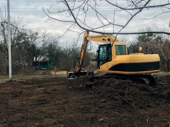 Bulldozer clearing land from old trees, roots and branches with dirt ...