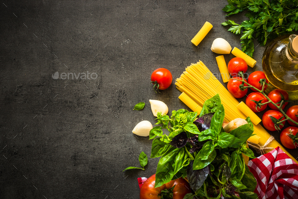 Italian food background on black table Stock Photo by Nadianb | PhotoDune