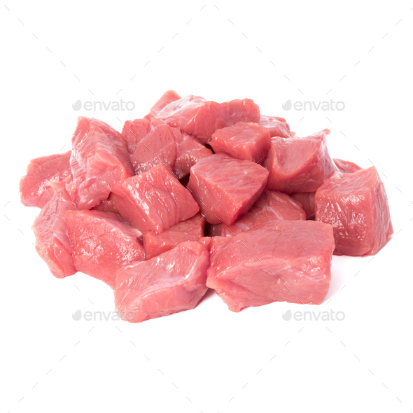 Raw chopped beef meat pieces isolated om white background cut out ...