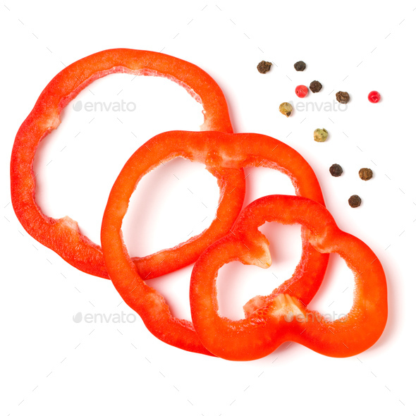 red pepper slices isolated on white background cutout. Top view, flat ...