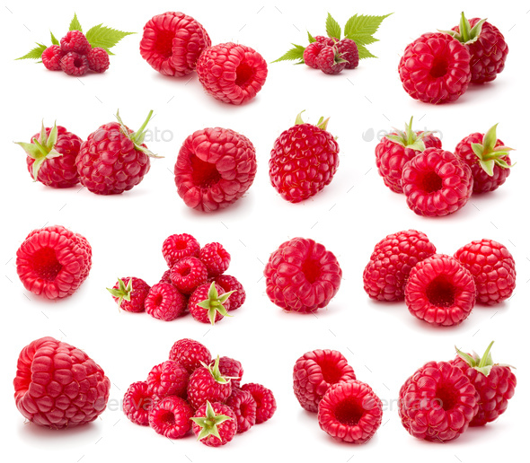 Raspberry isolated on white background. Set of different composition of ...