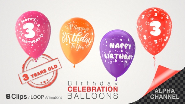 3rd Birthday Celebration Balloons / Three Years Old, Motion Graphics