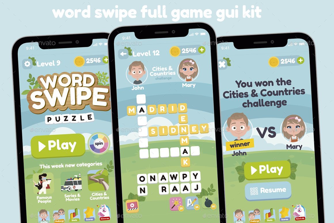 Word Swipe Game Gui Assets Kit, Game Assets | GraphicRiver