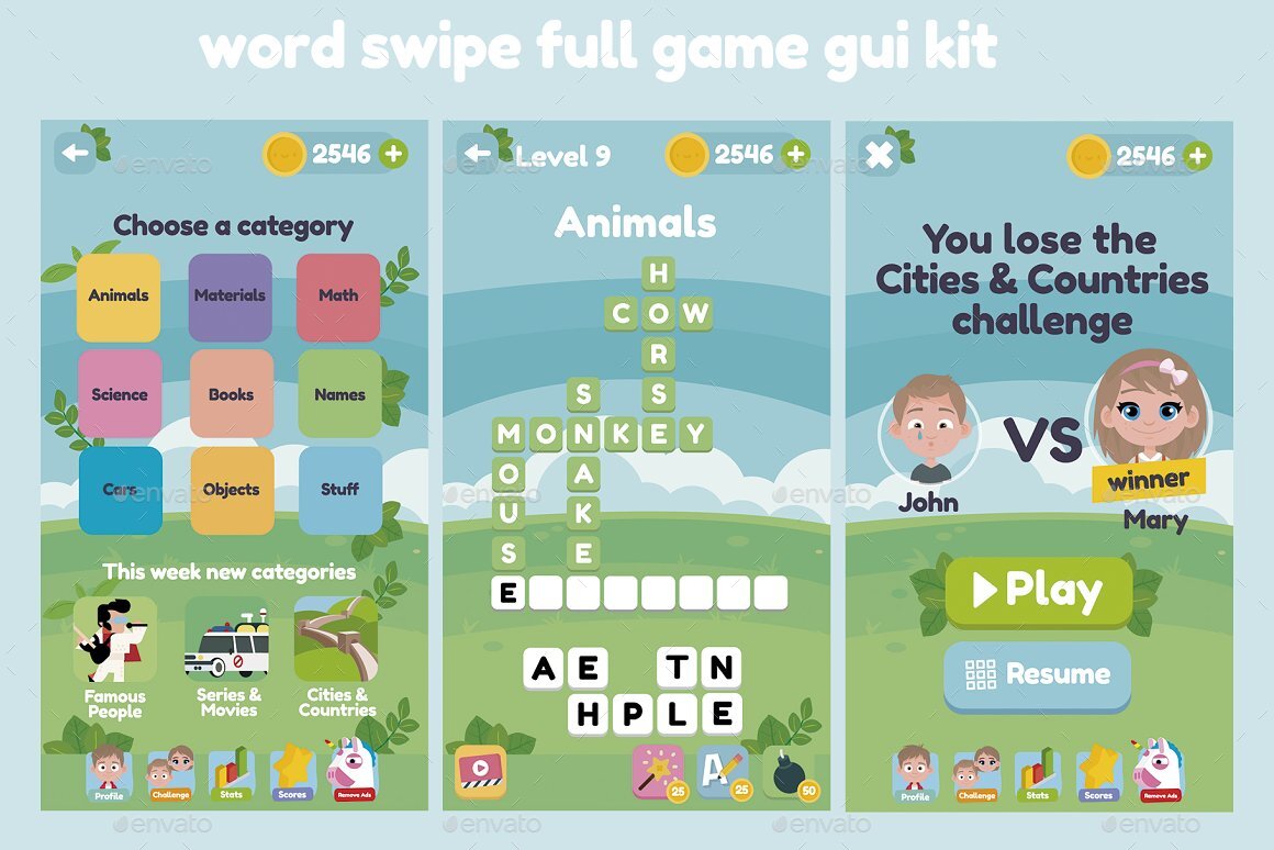 Word Swipe Game Gui Assets Kit, Game Assets | GraphicRiver