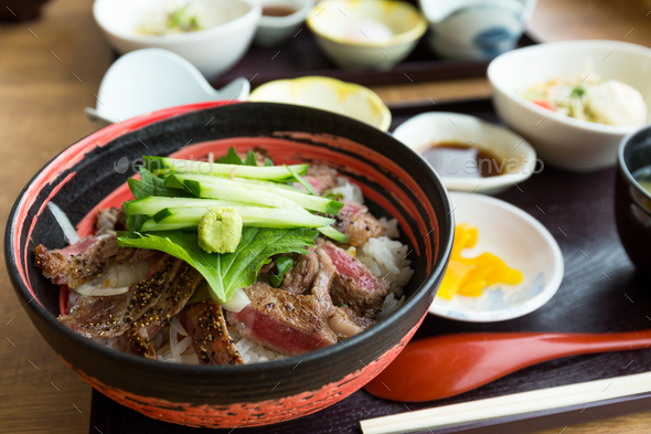 Grilled sliced of beef rice bowl Stock Photo by leungchopan | PhotoDune