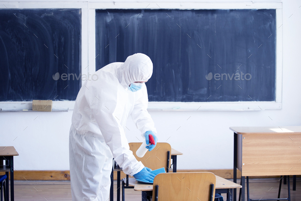 Cleaning and disinfection school class to prevent COVID-19.M Stock ...