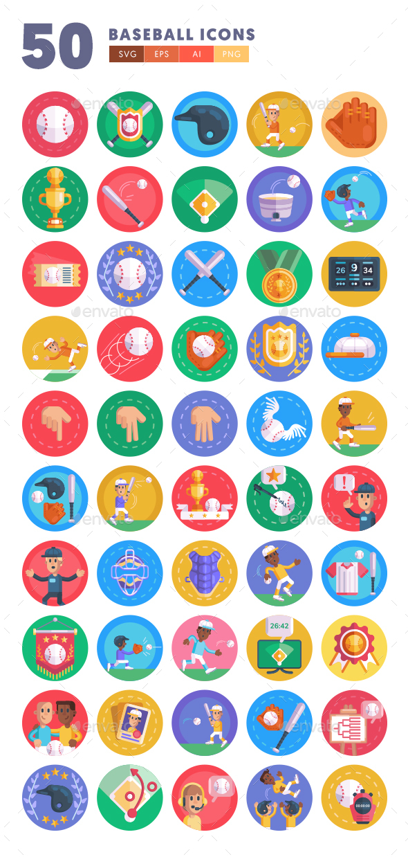 50 Baseball Icons, Icons | GraphicRiver
