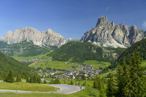 Mountain landscape along the road to Campolongo pass, Dolomites Stock ...