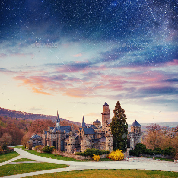 Starry sky over the old ancient castle Stock Photo by mstandret | PhotoDune