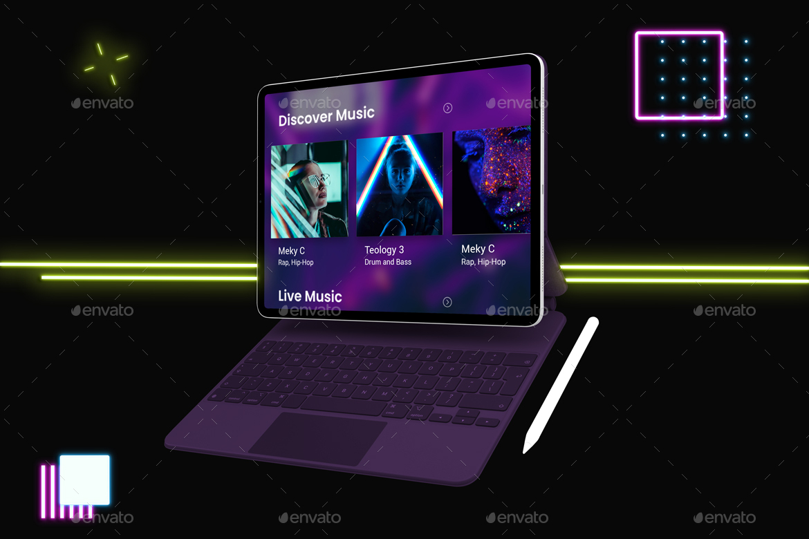 Neon Tablet Pro & Magic Keyboard Mockup, Graphics | GraphicRiver