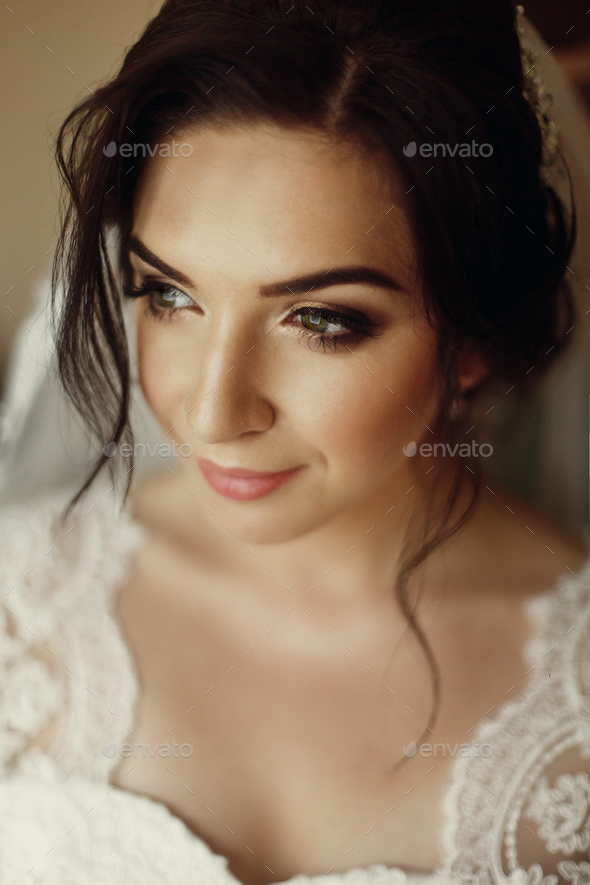 gorgeous beautiful bride portrait in morning near window soft light ...