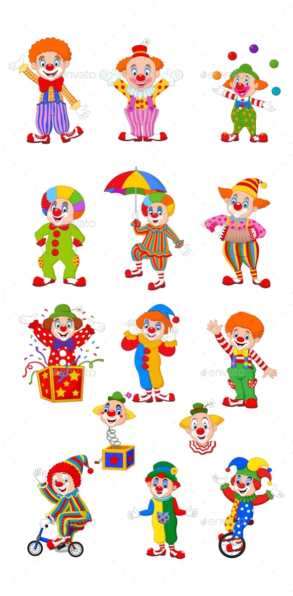 Set of Fourteen Cartoon Clowns Character, Vectors | GraphicRiver