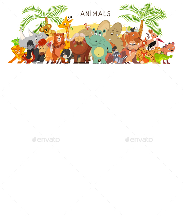 Large Group of Animals in Cartoon Flat Style Stand Together, Vectors