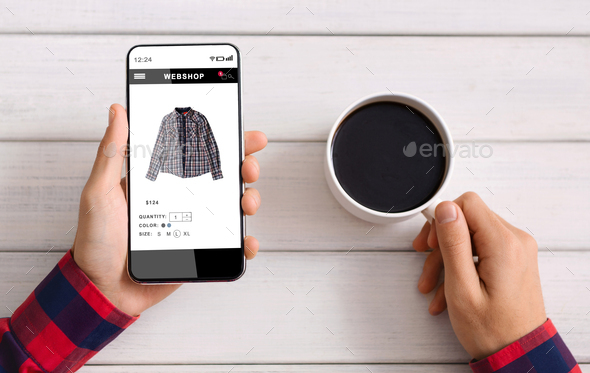 Male Hands Holding Smartphone Using Online Shopping App Sitting Indoor ...