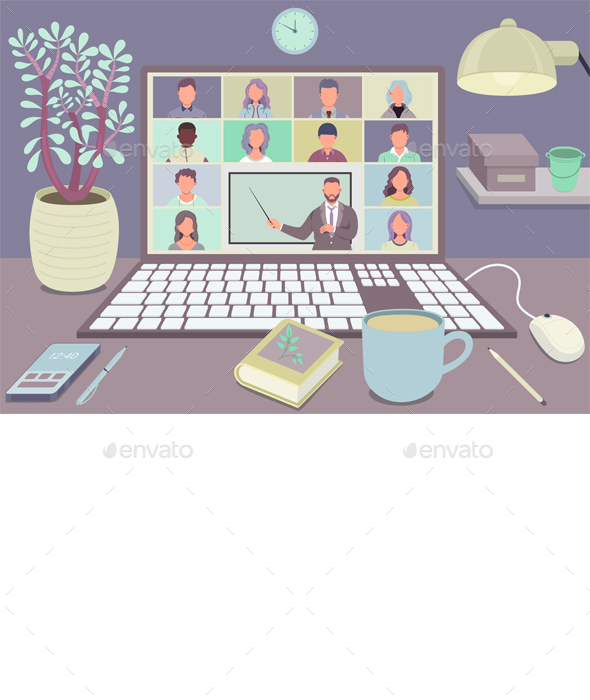 Online Class. Pupils or Students Studying with Computer at Home., Vectors