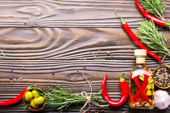 Flat lay Food background frame made of oils condiments and spices Stock ...