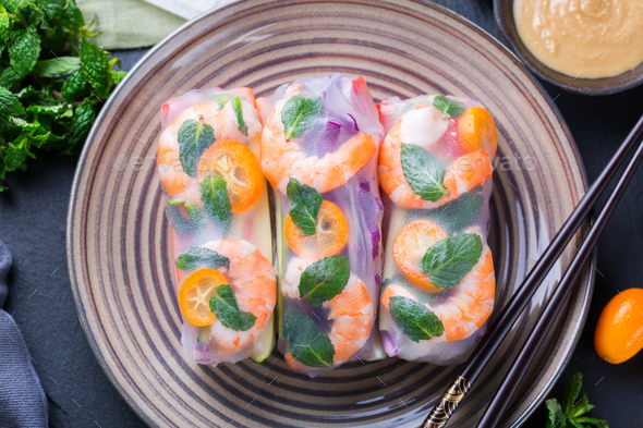 Spring or summer rolls with rice paper, shrimp and vegetable Stock ...