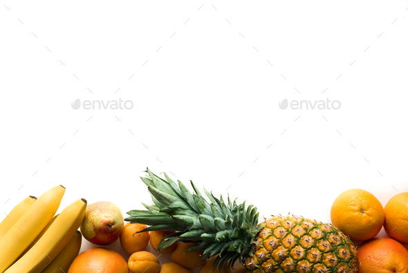 top view of Different fresh fruits, isolated on white with copy space ...