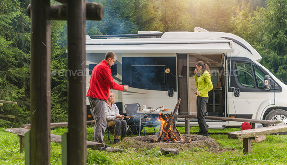 Friends Having Fun on a Camping While Traveling in Camper Van Stock ...
