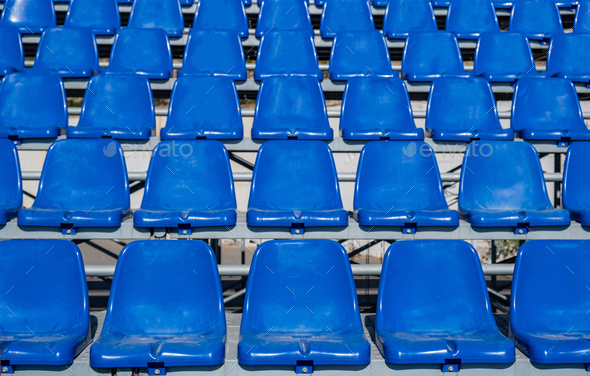Stadium seats background. Rows of blue plastic empty chairs Stock Photo ...