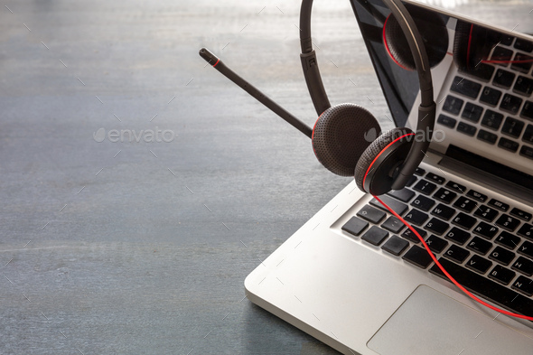 Headset on black background. Call center, home office, customer service ...