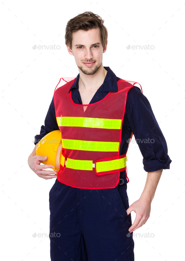 Engineer with reflective clothing and hold with helmet Stock Photo by ...
