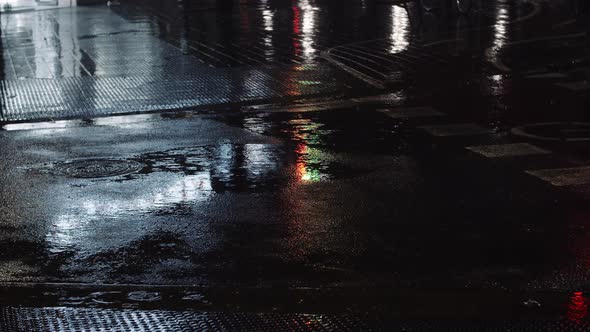 Drizzle Puddles and Night Urban Lights Reflecting on the Road, Stock ...