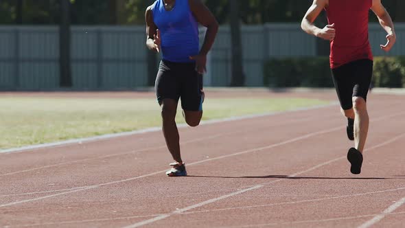 Men Running Around Stadium Doing Morning Exercises, Competition, Slow ...